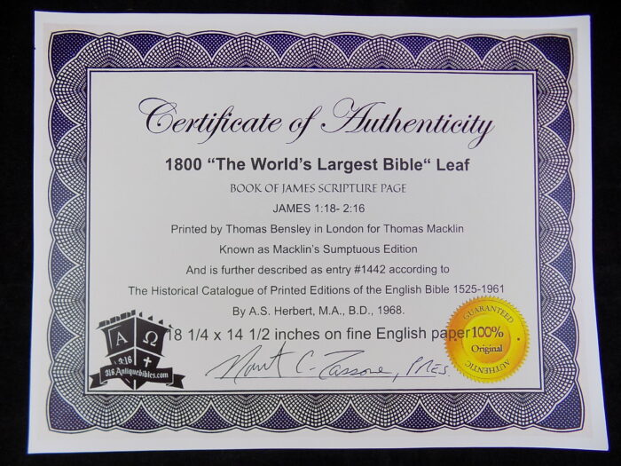1800 THOMAS MACKLIN WORLD’S LARGEST BIBLE LEAF BOOK OF JAMES- PURE ...